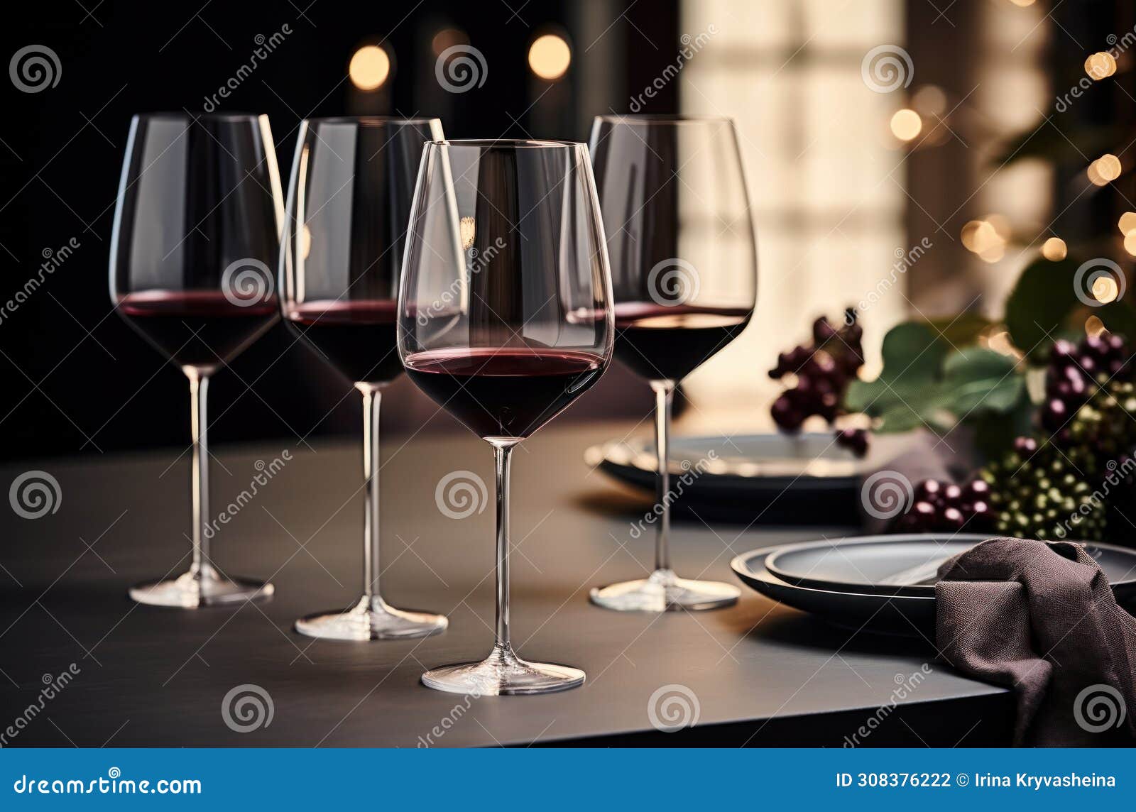 Four Wine Glasses Set Up in a Dining Table for a Holiday Dinner Stock ...