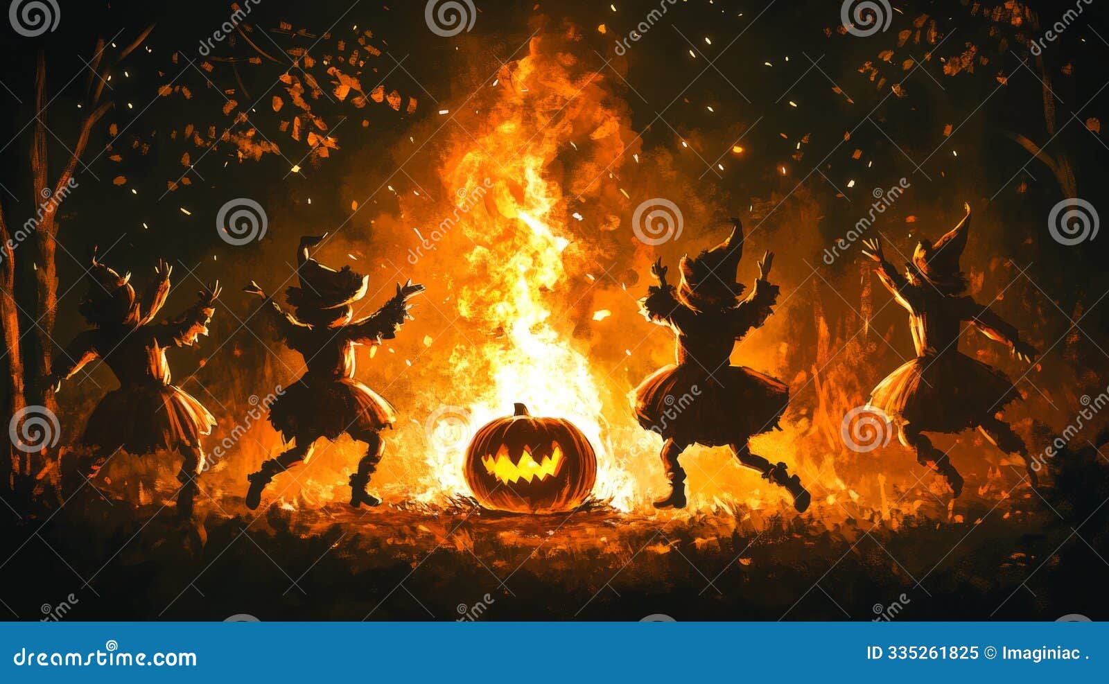 Four Witches Dancing Around a Bonfire with a Jack-o -Lantern Stock ...