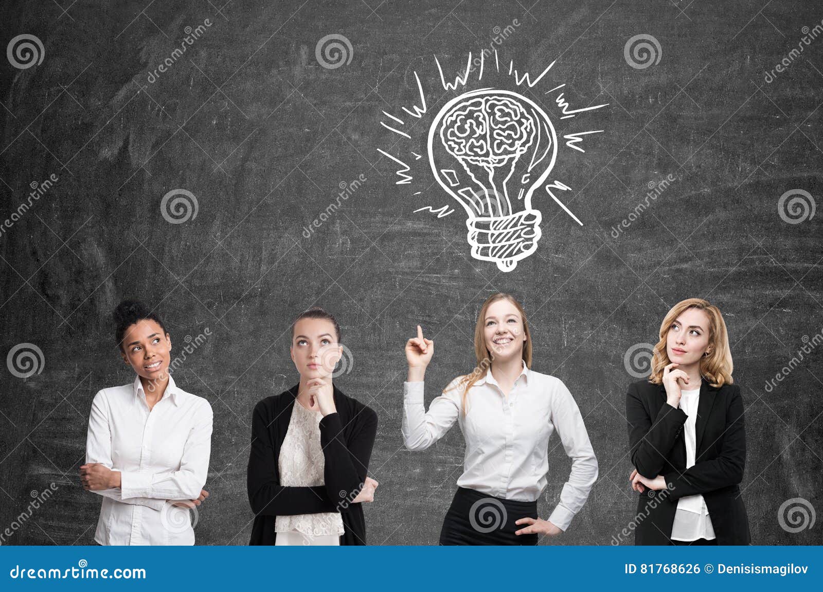 Four Women Brainstorm. Blackboardl. Light Bulb Stock Photo - Image of ...
