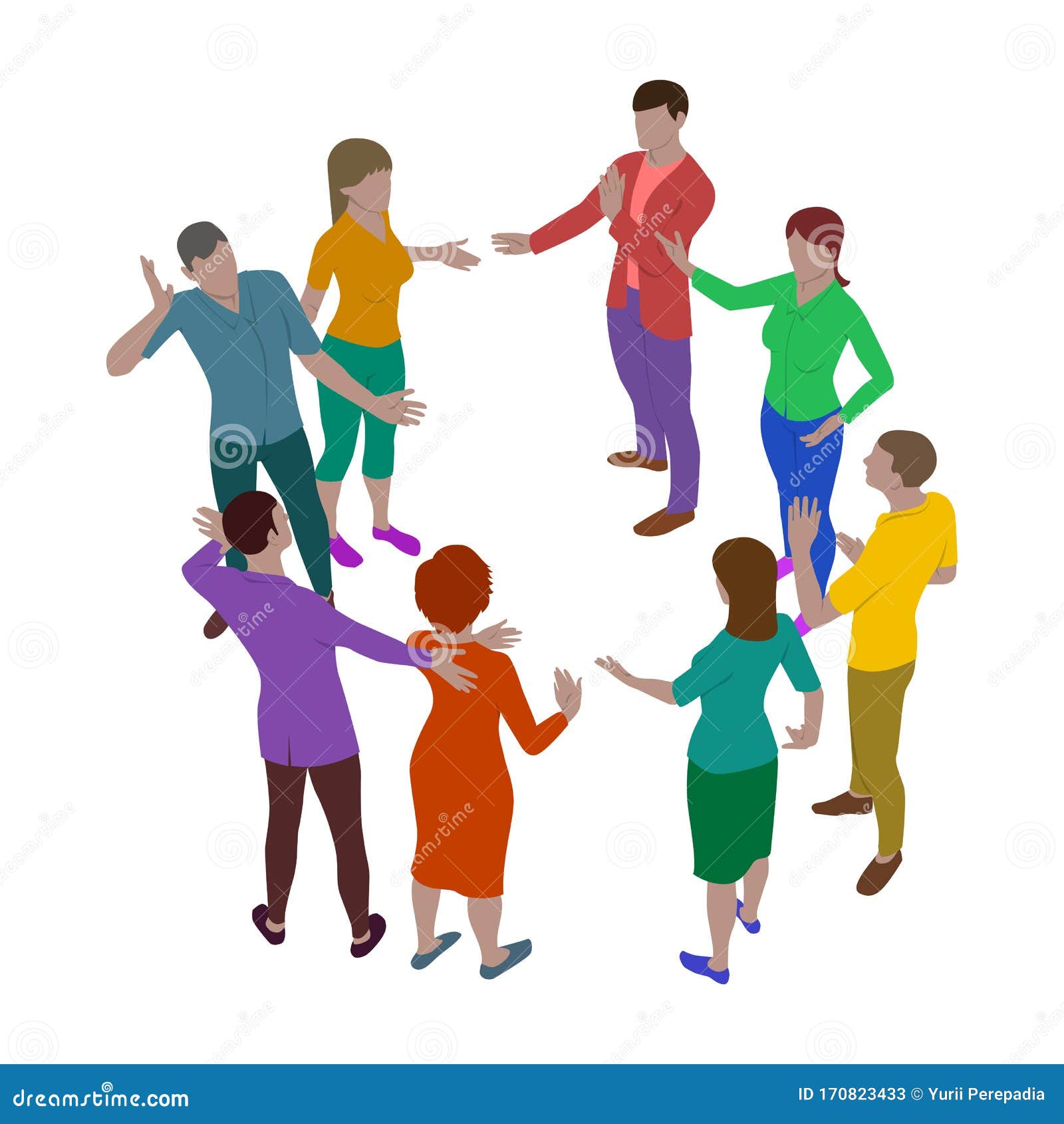 Four Women And Four Men Talk Emotionally While Standing In A Circle