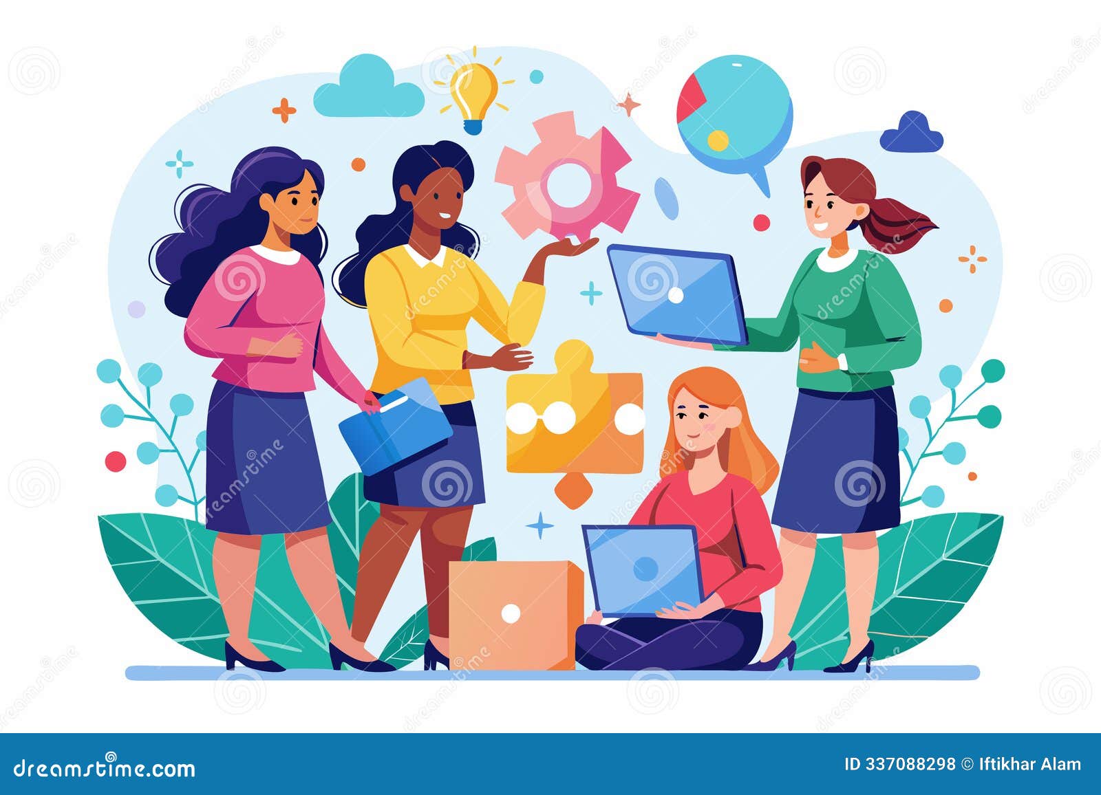 Four Women Work Together in an Office, Using Laptops and Brainstorming ...