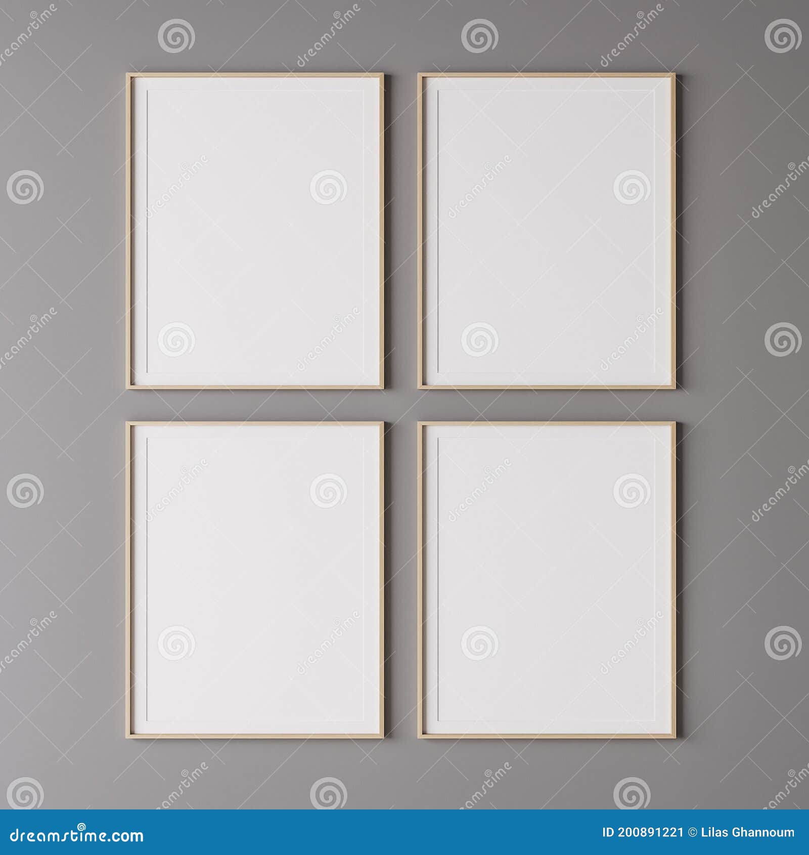 Four Wooden Vertical Frame Mockup on Gray Wall. 3d Render Stock ...