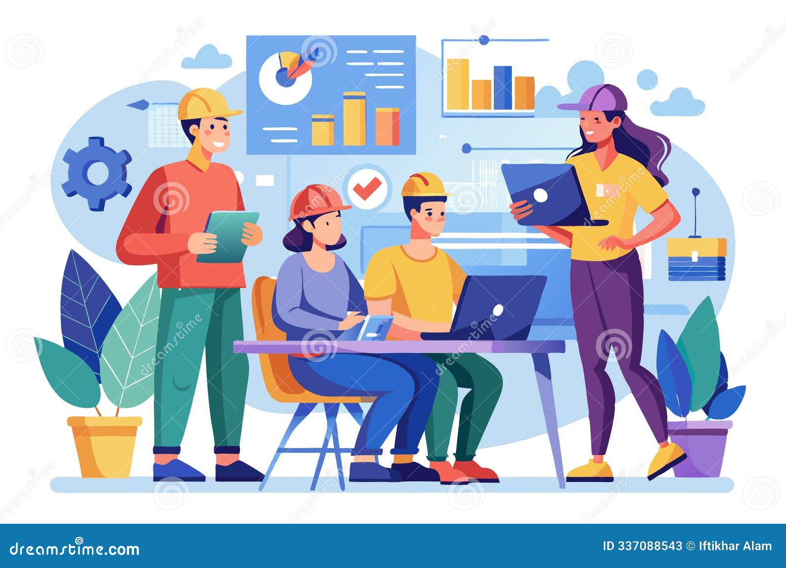 Four Workers Engage in Collaboration at a Table with Laptops and ...