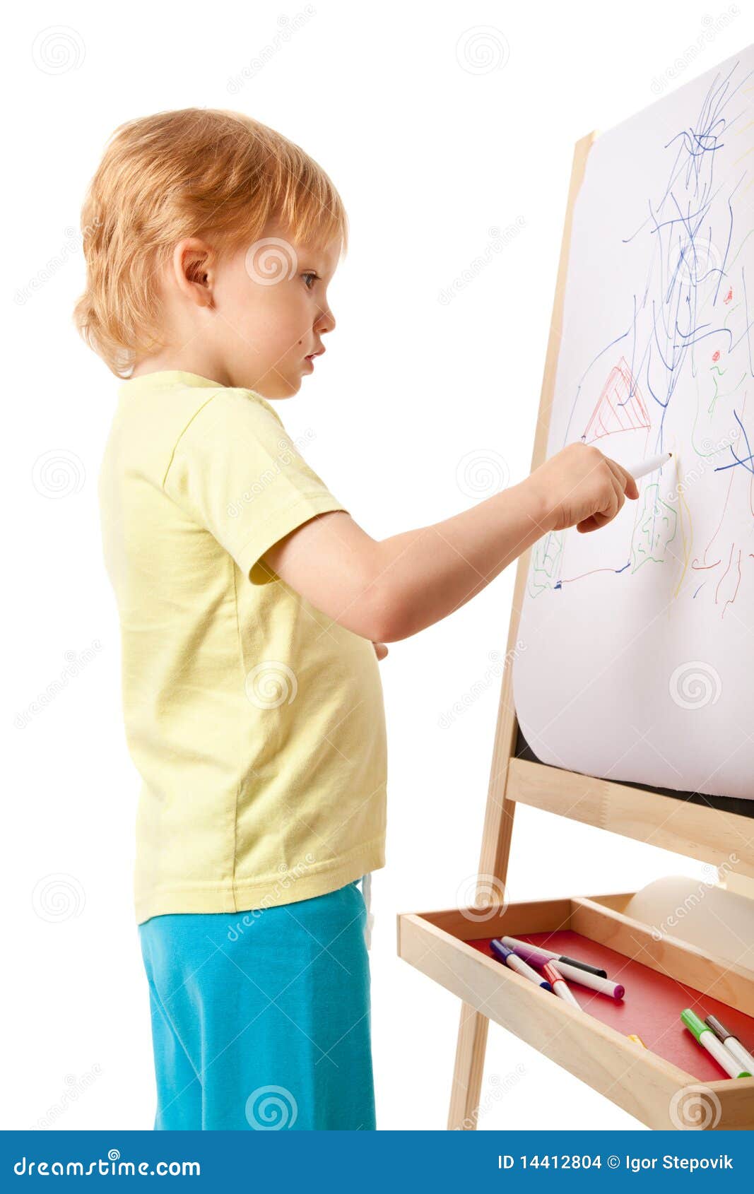 Four-year Old Boy Drawing Picture on Easel Stock Photo - Image of easel ...