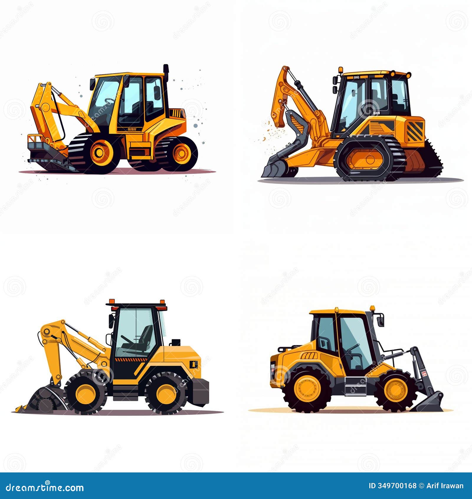 Four Yellow Construction Vehicles are Shown in a Row Stock Illustration ...