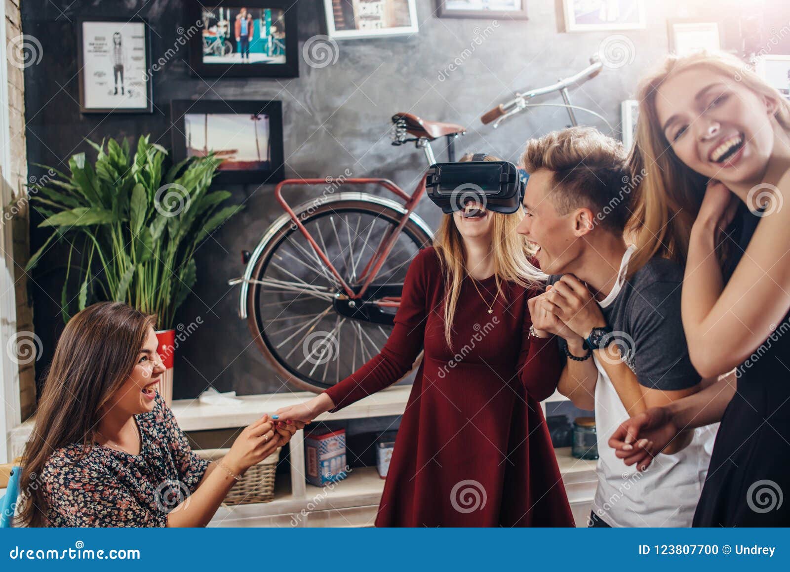 Four Young People Having a Party Testing New Technology of 3d Vision ...