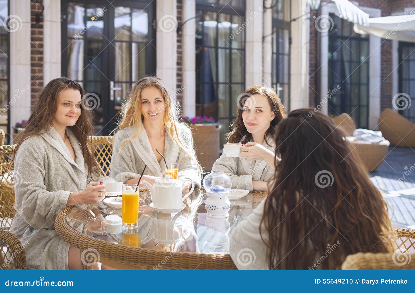 Four Young Women Drinking Tea at Spa Resort Stock Photo - Image of ...