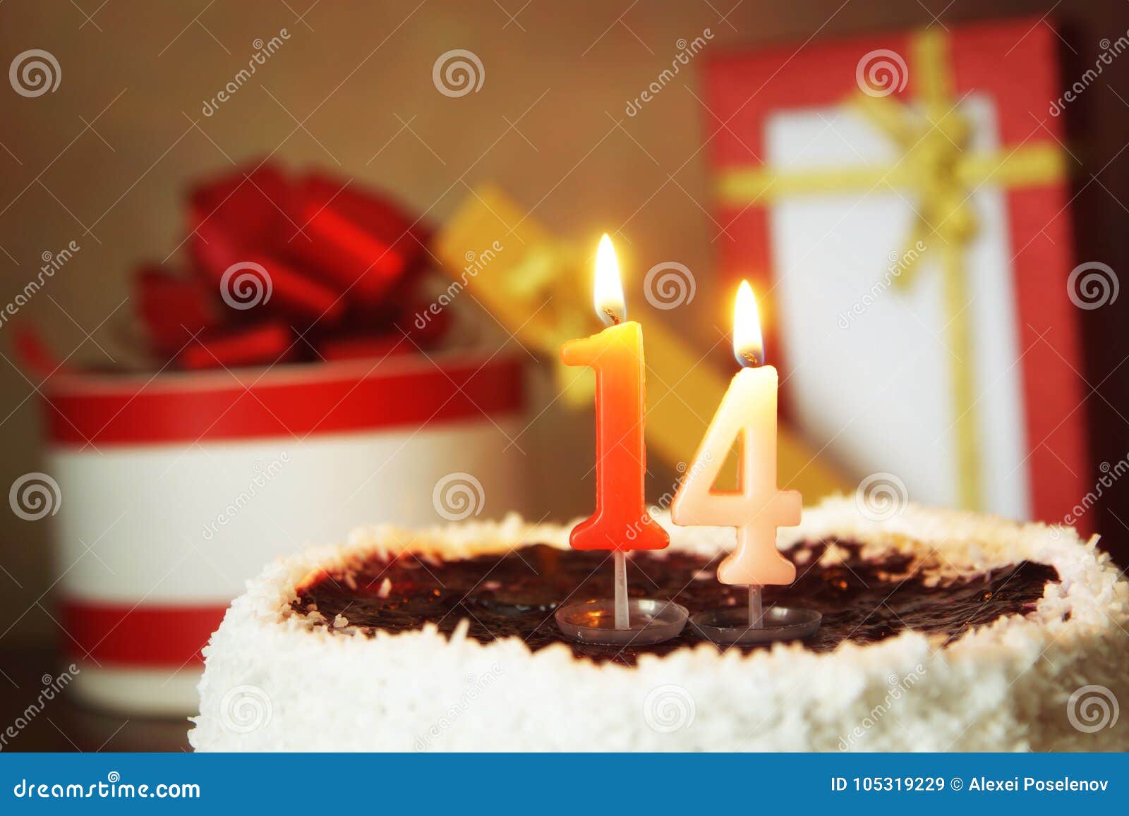Fourteen Years Birthday. Cake with Burning Candle and Gifts Stock Image ... Fourteen Years Birthday. Cake with Burning Candle and Gifts Stock Image ...