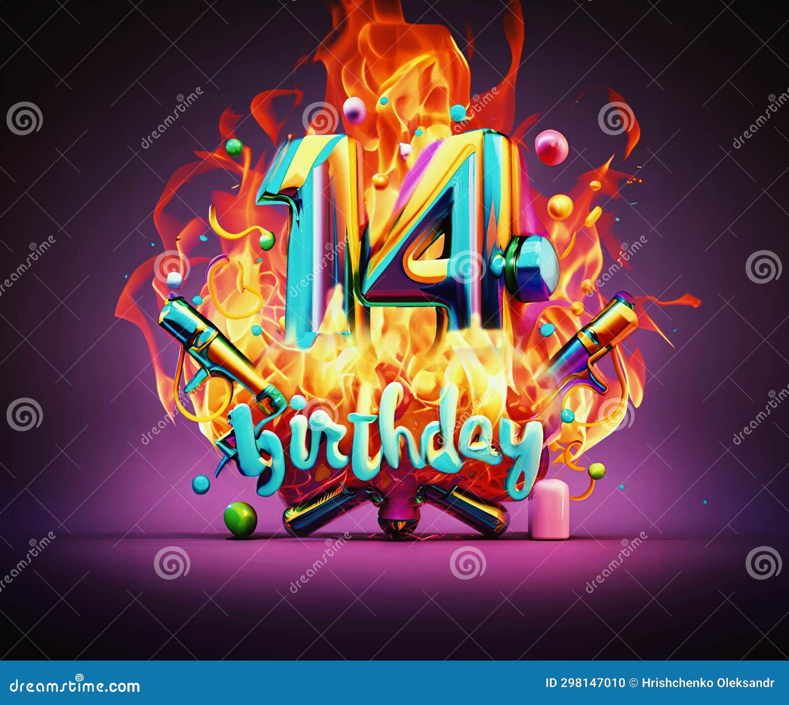 Fourteenth Birthday. Number 14 in Fire on a Purple Background Stock ...