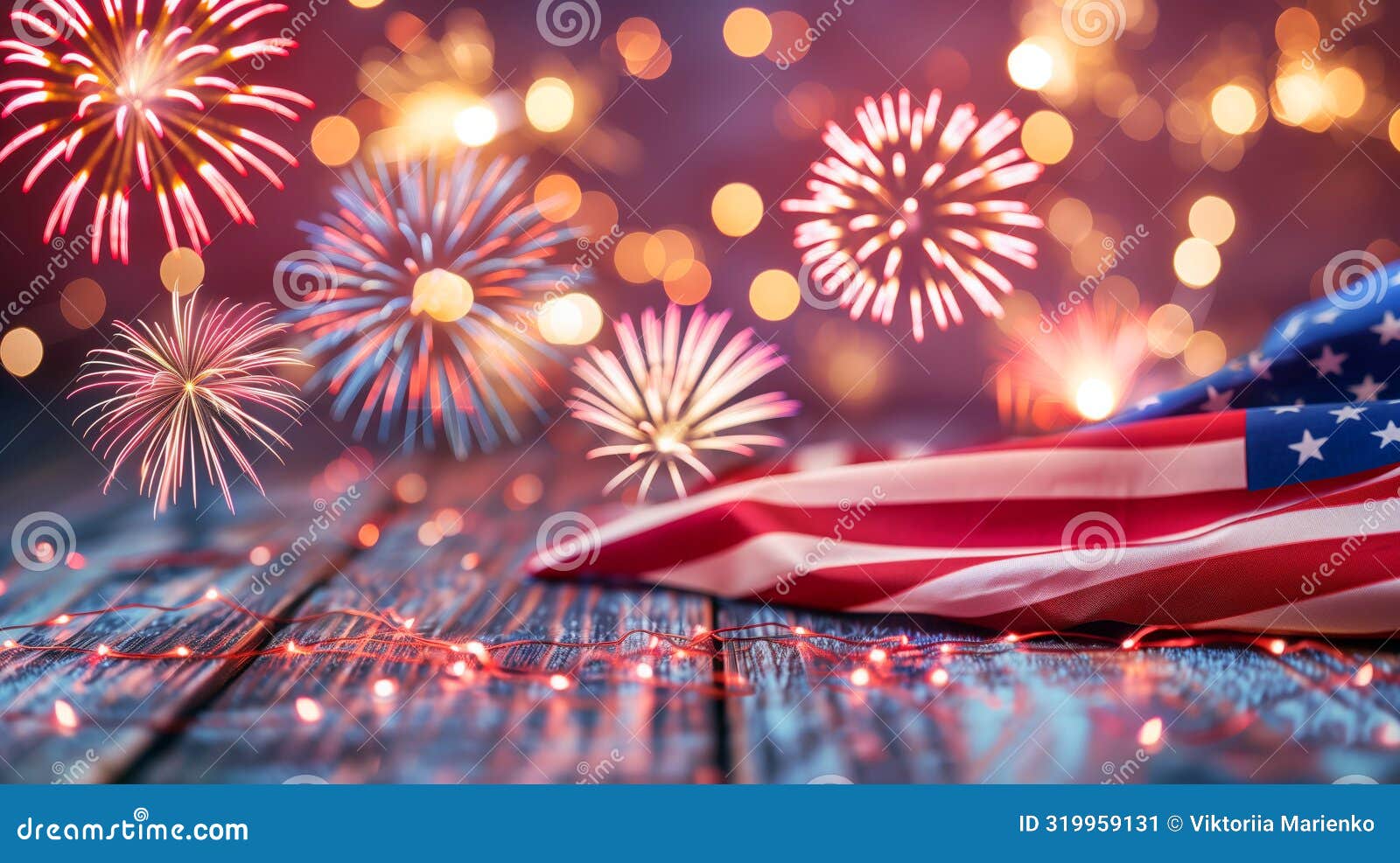Fourth of July Celebration with Fireworks and American Flag Stock ...