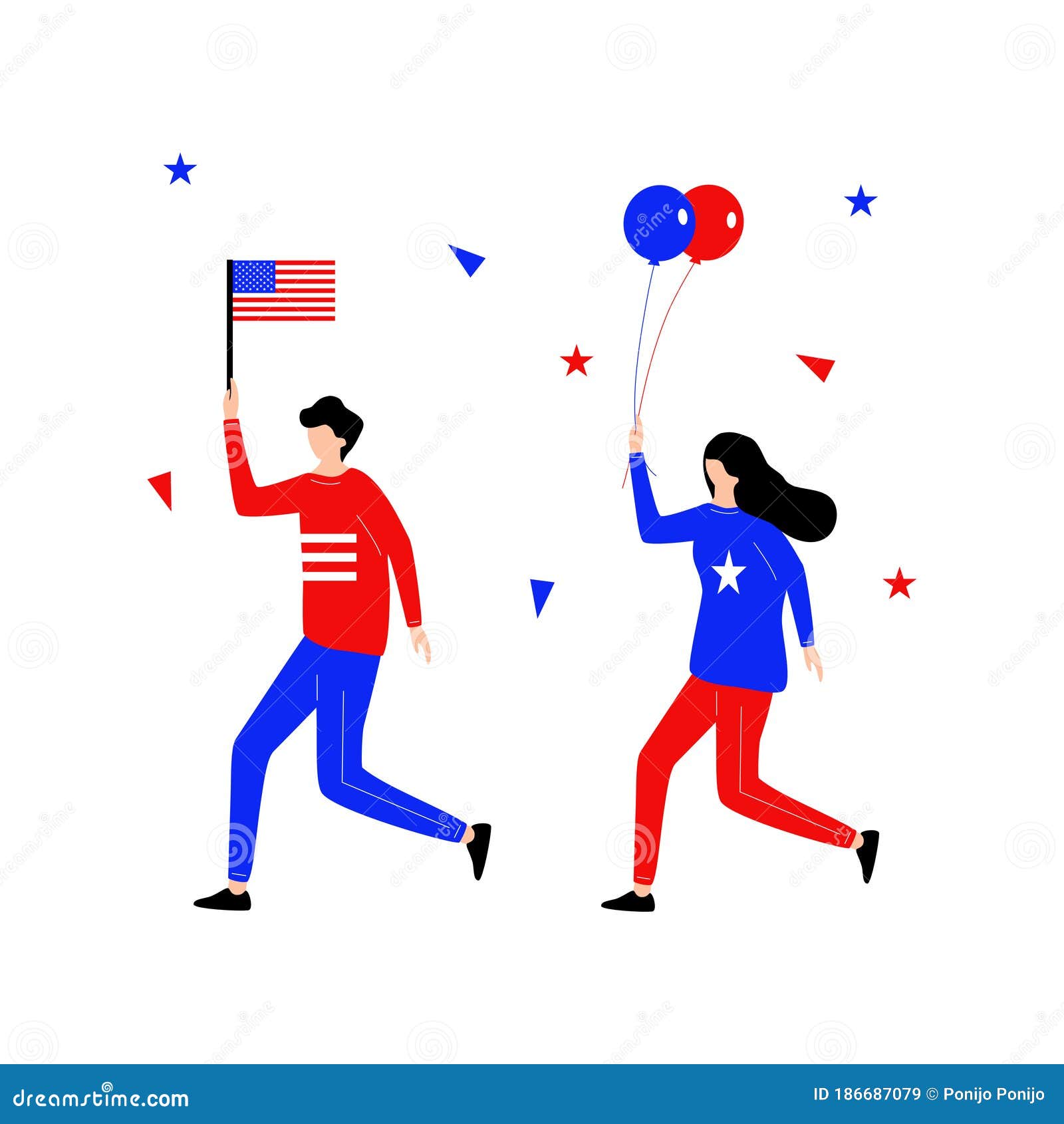 Fourth of July Flat Character Running Hold Flag and Balloons Stock ...