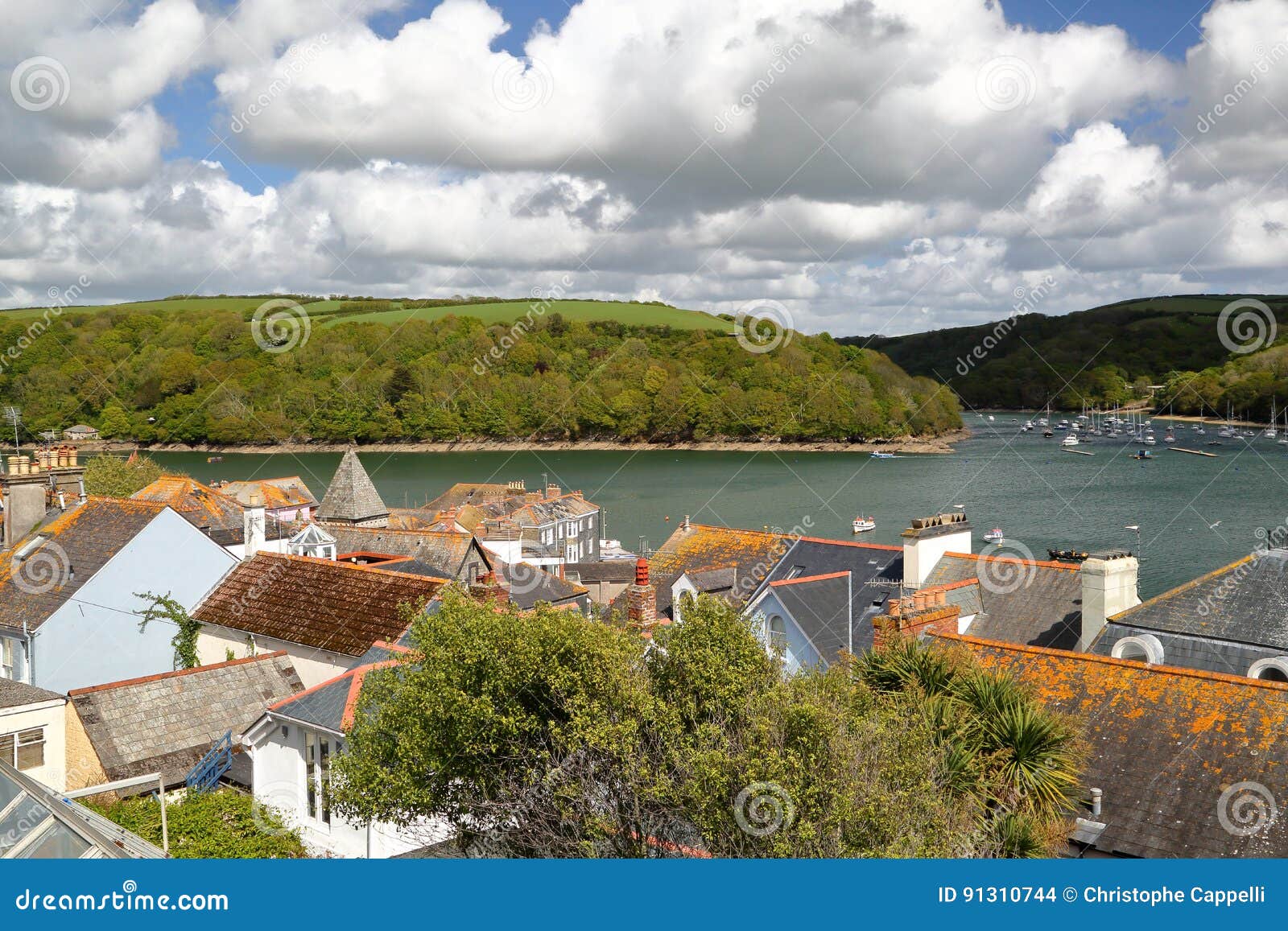 FOWEY, CORNWALL, UK: View of the Bay with Roofs in the Foreground Stock ...
