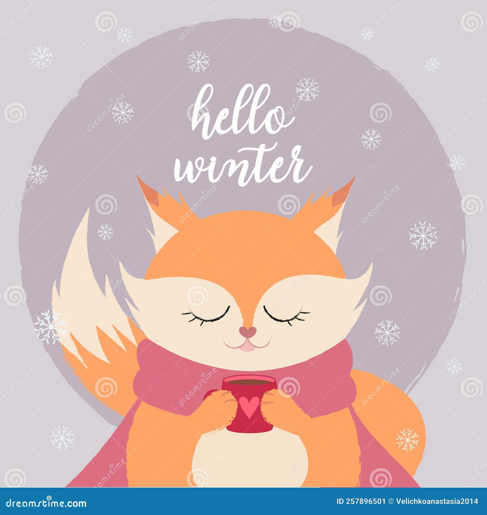 Lettering Hello Winter. Postcard with a Cute Fox Stock Vector ...
