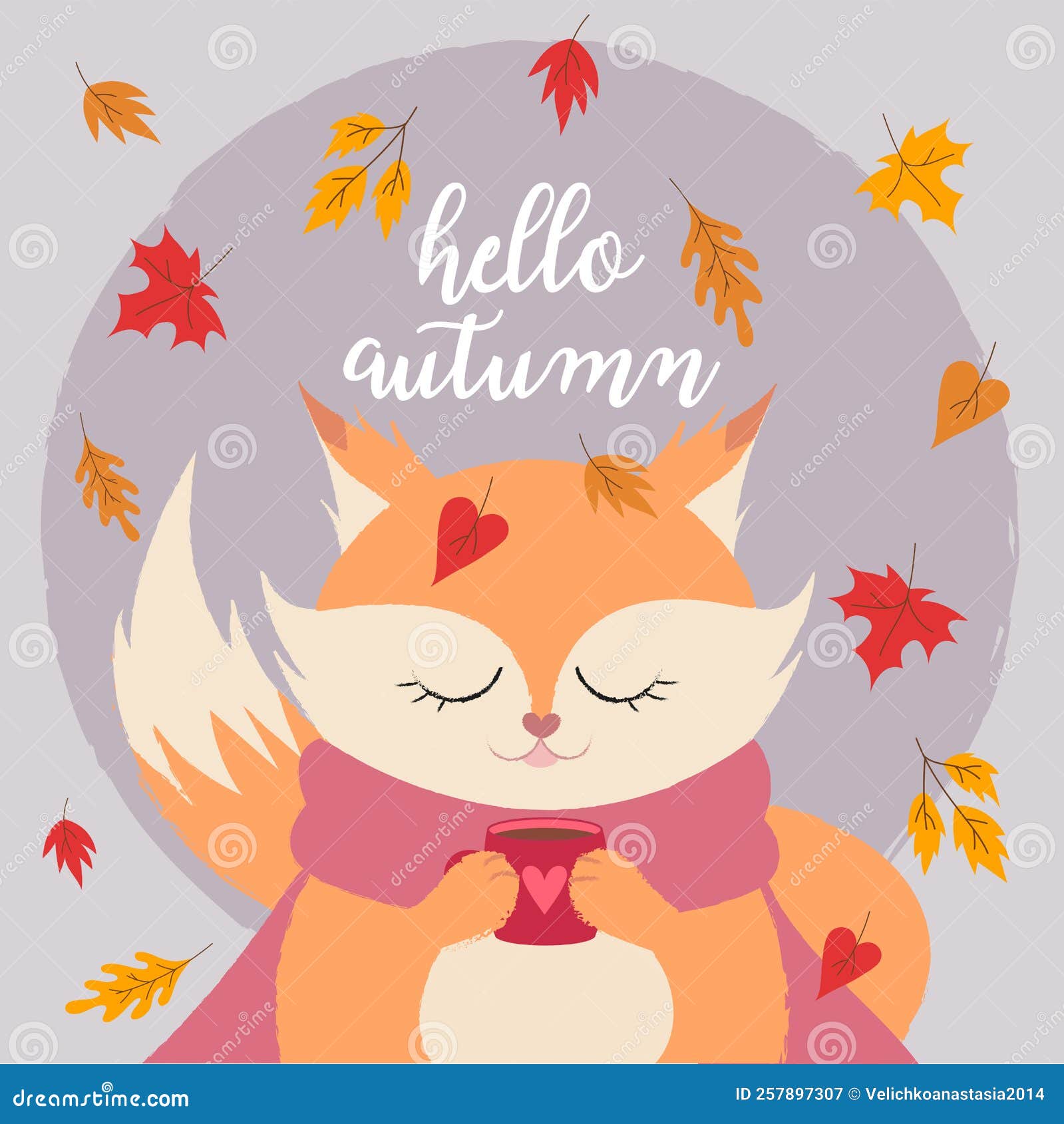 Lettering Hello Autumn. Postcard with a Cute Fox Stock Vector ...