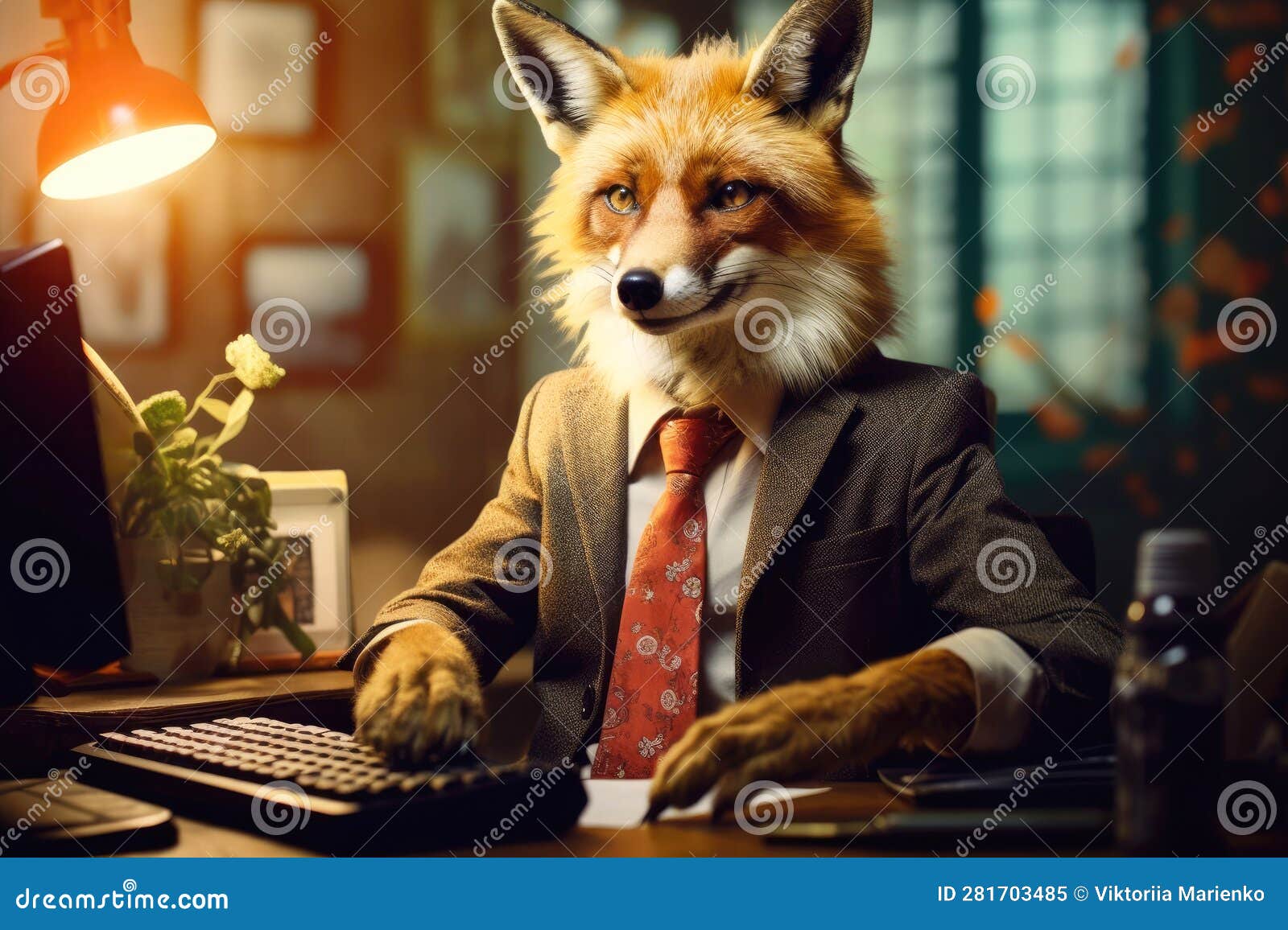 A Fox in a Businessman S Business Suit Works in an Office at a Computer ...