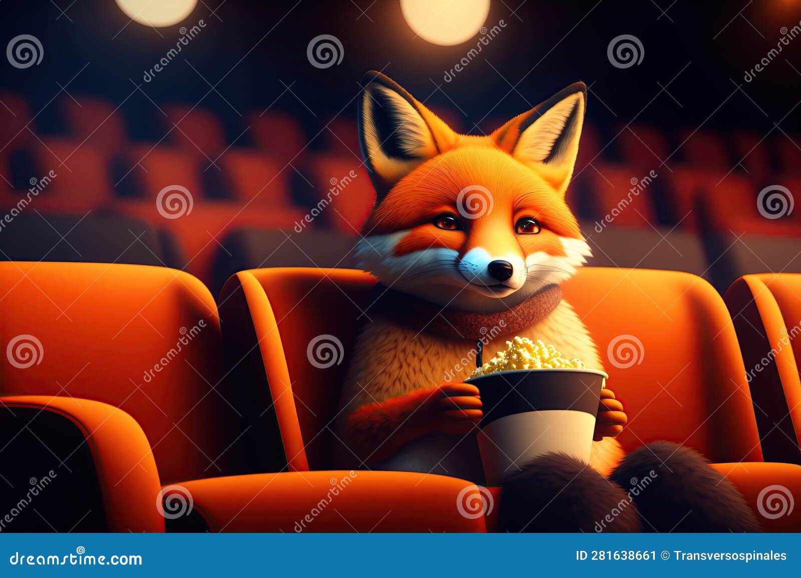 Fox at Cinema Watching Movie with Popcorn Stock Illustration ...