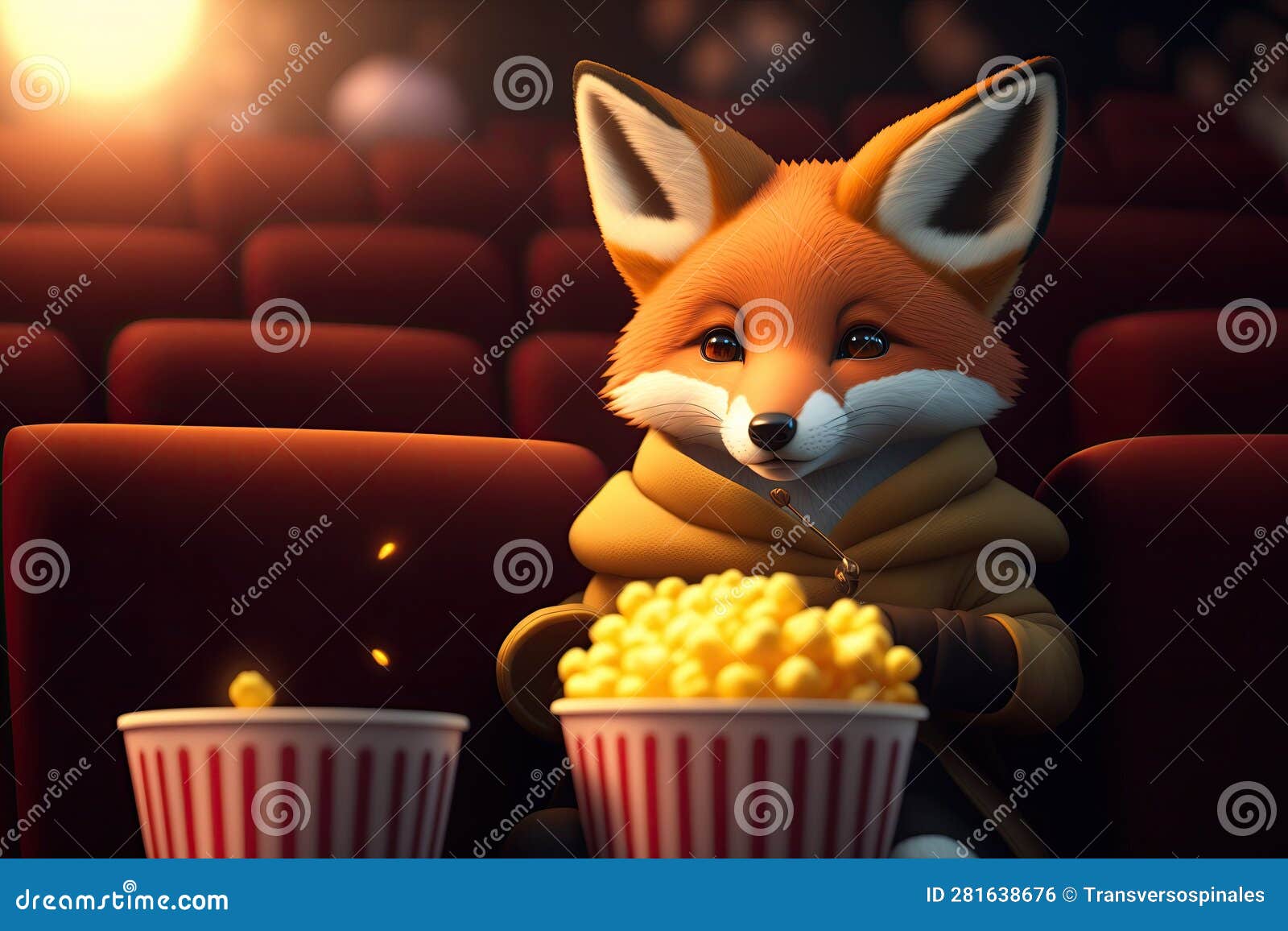 Fox at Cinema Watching Movie with Popcorn Stock Illustration ...