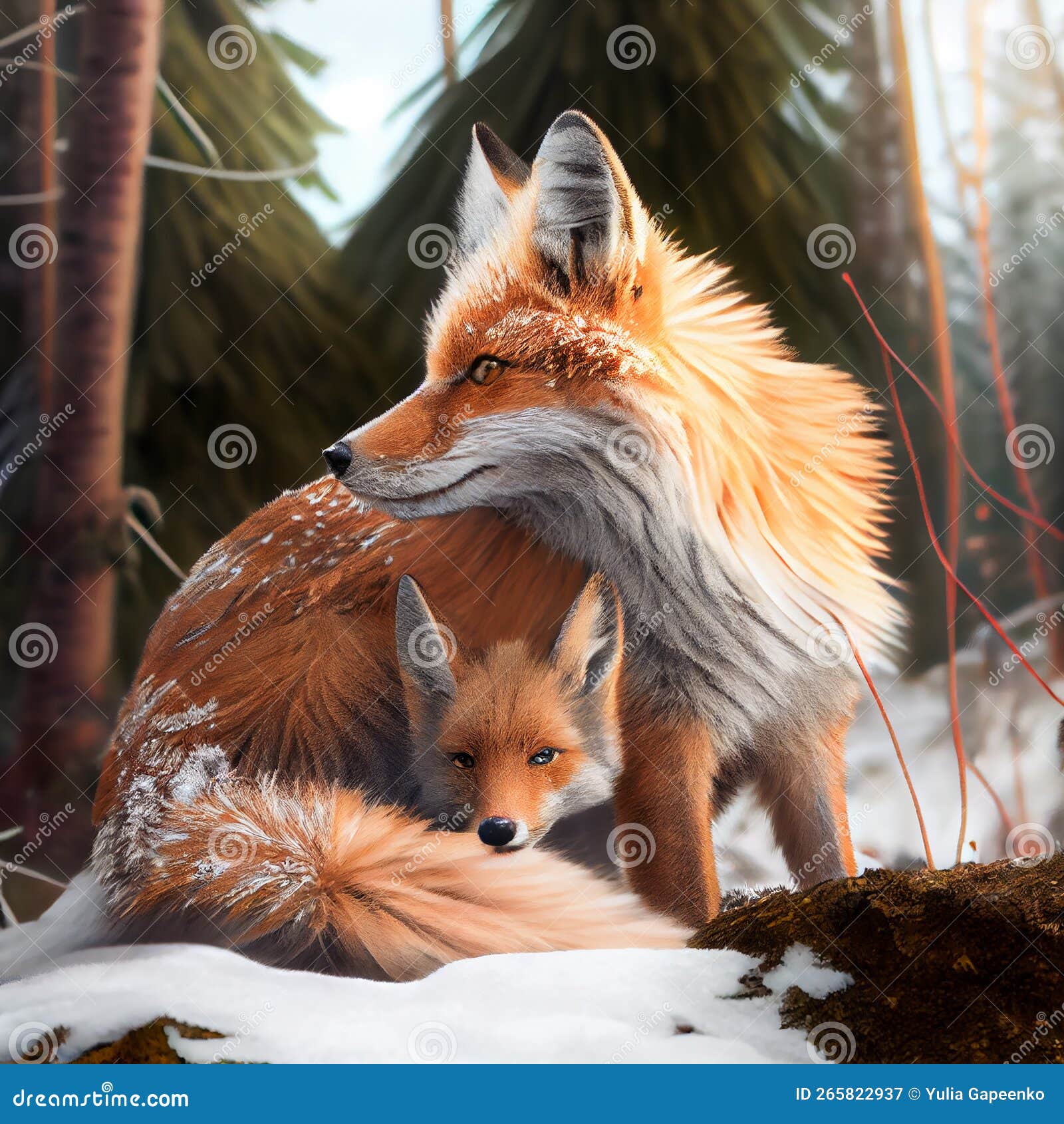 Fox and Fox Cub Tumble in the Winter Forest. Illustration Generative AI ...