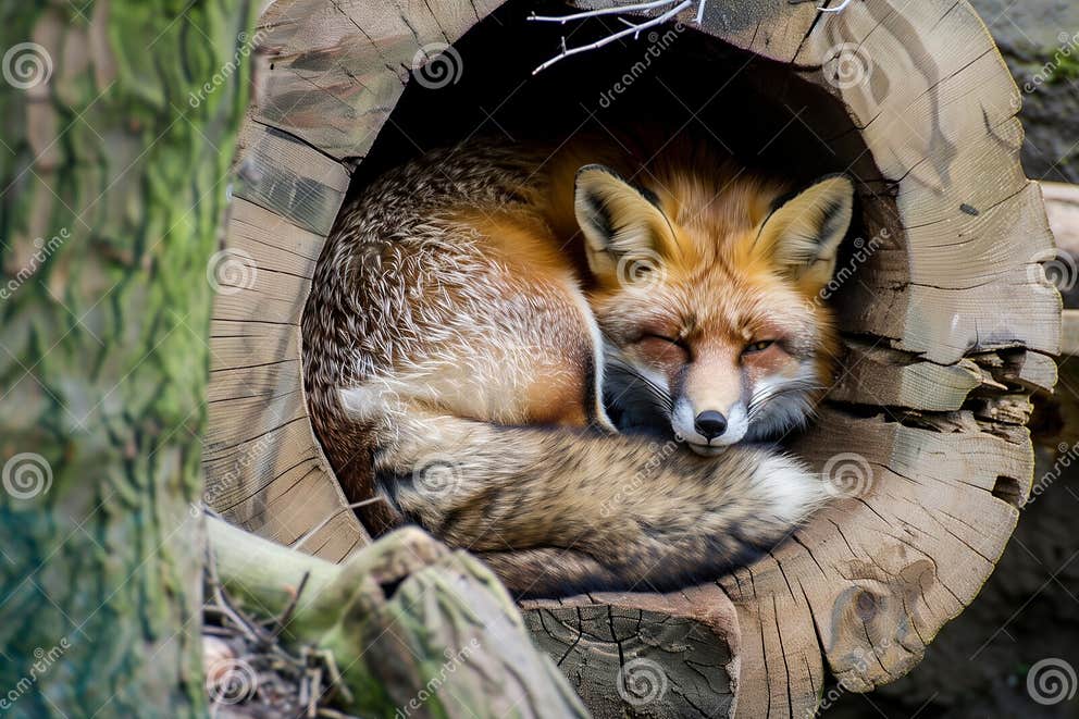 Fox Curled Up Inside a Log Burrow Stock Image - Image of camouflage ...