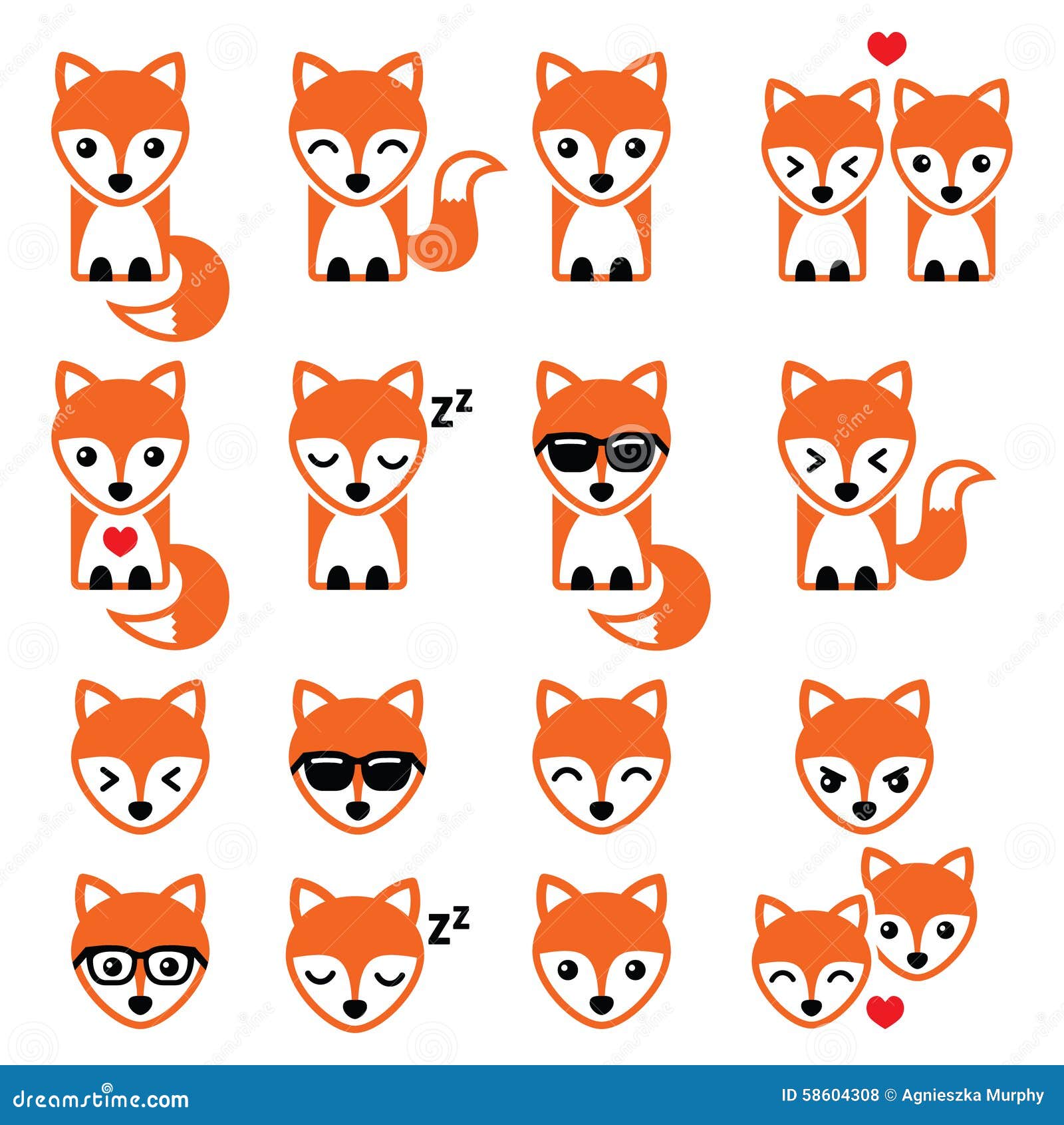 Fox Cute Character Icons, Wildlife Stock Vector - Illustration of love ...