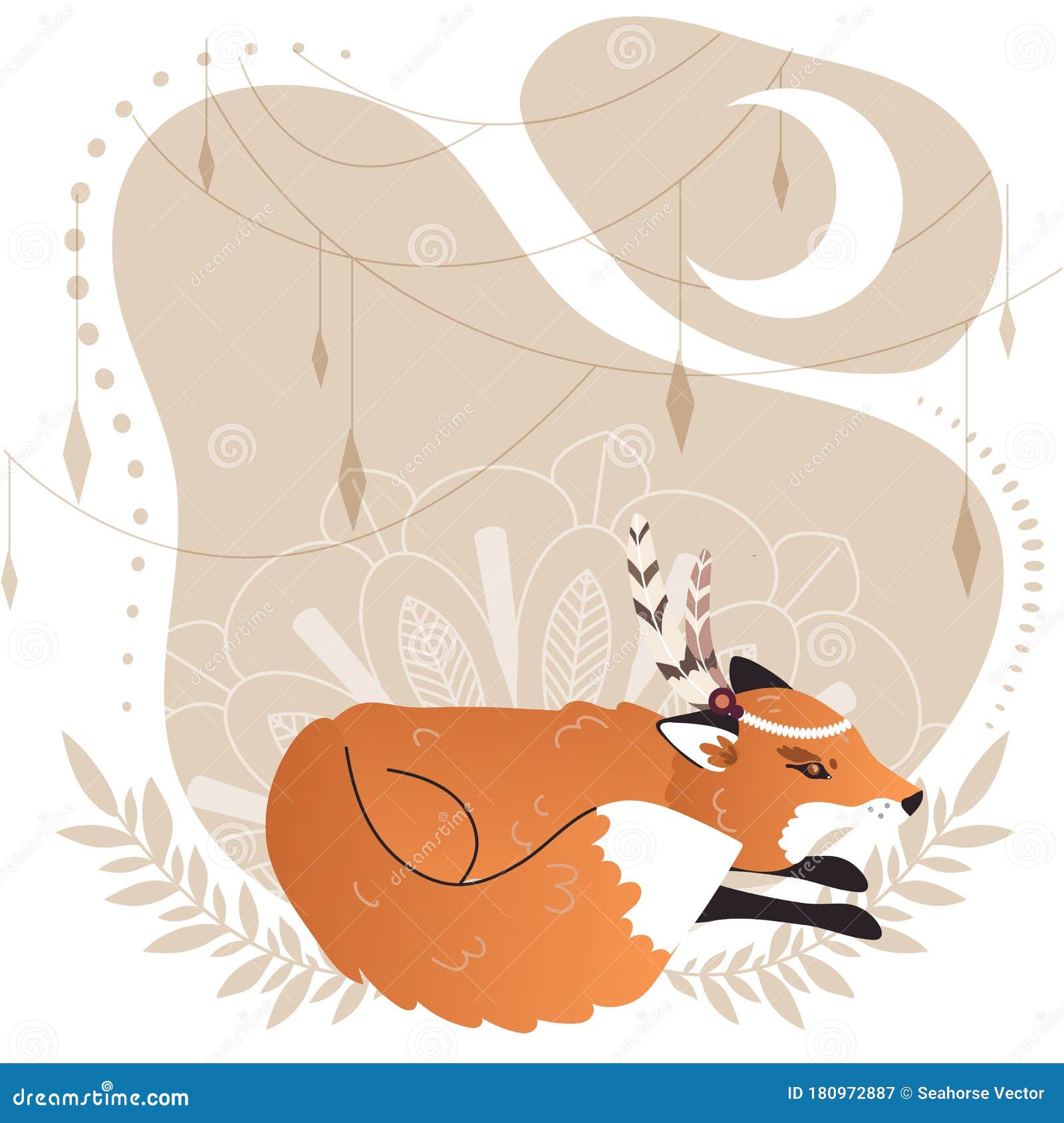 Fox on Decorated Background in Boho Style, Vector Illustration Stock ...