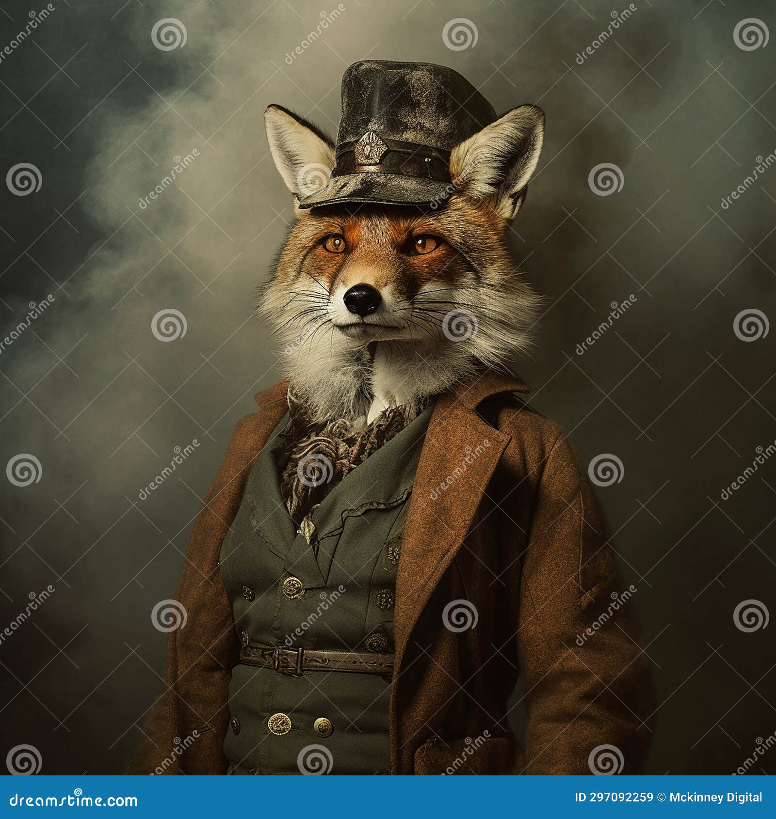 Fox Dressed Up in Vintage Garments with Vintage Background Setting ...