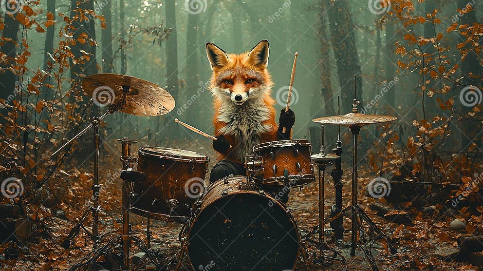 Fox Drumming in the Forest stock illustration. Illustration of musician ...