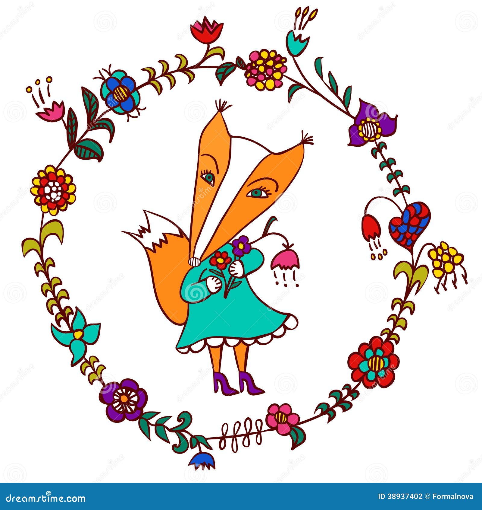 Fox and floral elements. stock vector. Illustration of green - 38937402