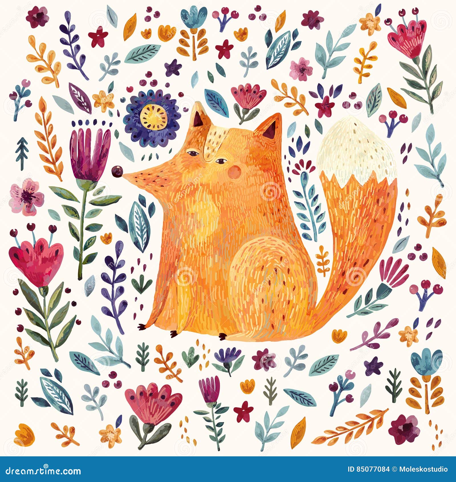 Fox and floral pattern stock illustration. Illustration of invitation ...