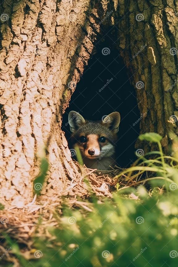 A fox in a hole in a tree stock illustration. Illustration of tree ...