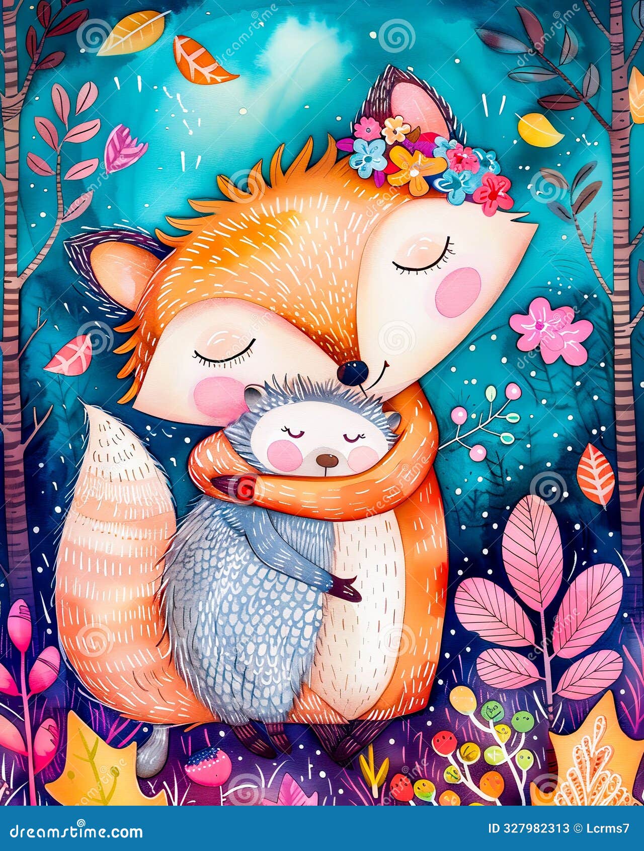Fox Hugging Hedgehog stock illustration. Illustration of isolated ...