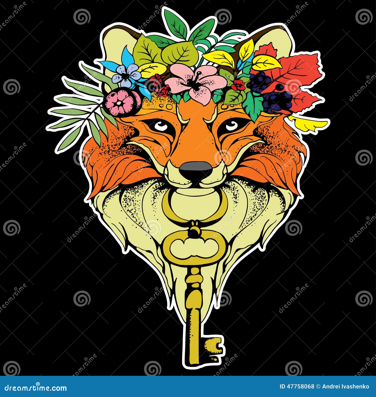 Fox with key and wreath stock vector. Illustration of painting - 47758068