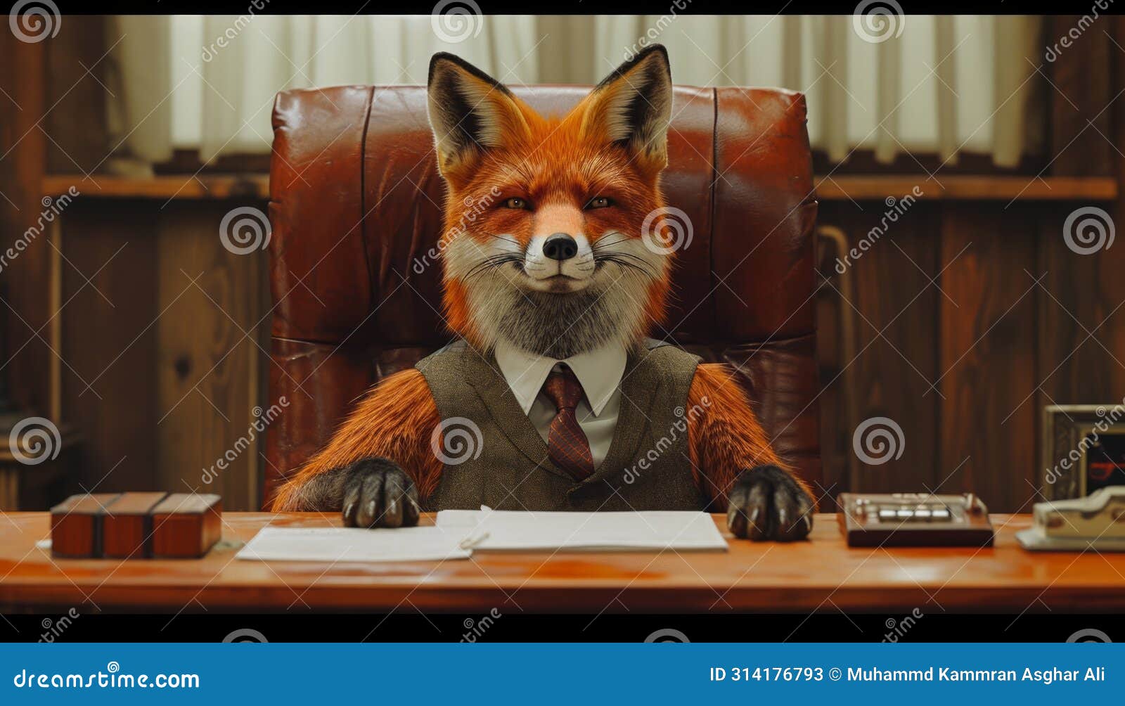 A a Fox Like a Boss Sitting Behind a Desk in Style of Anthropomorphic ...