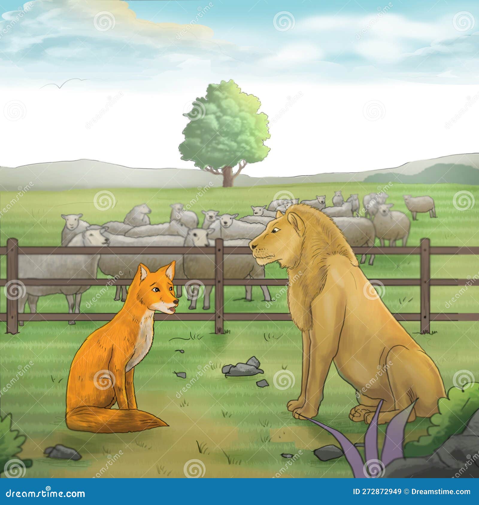 Fox and Lion Taling about Sheeps Illustrations Stock Illustration ...