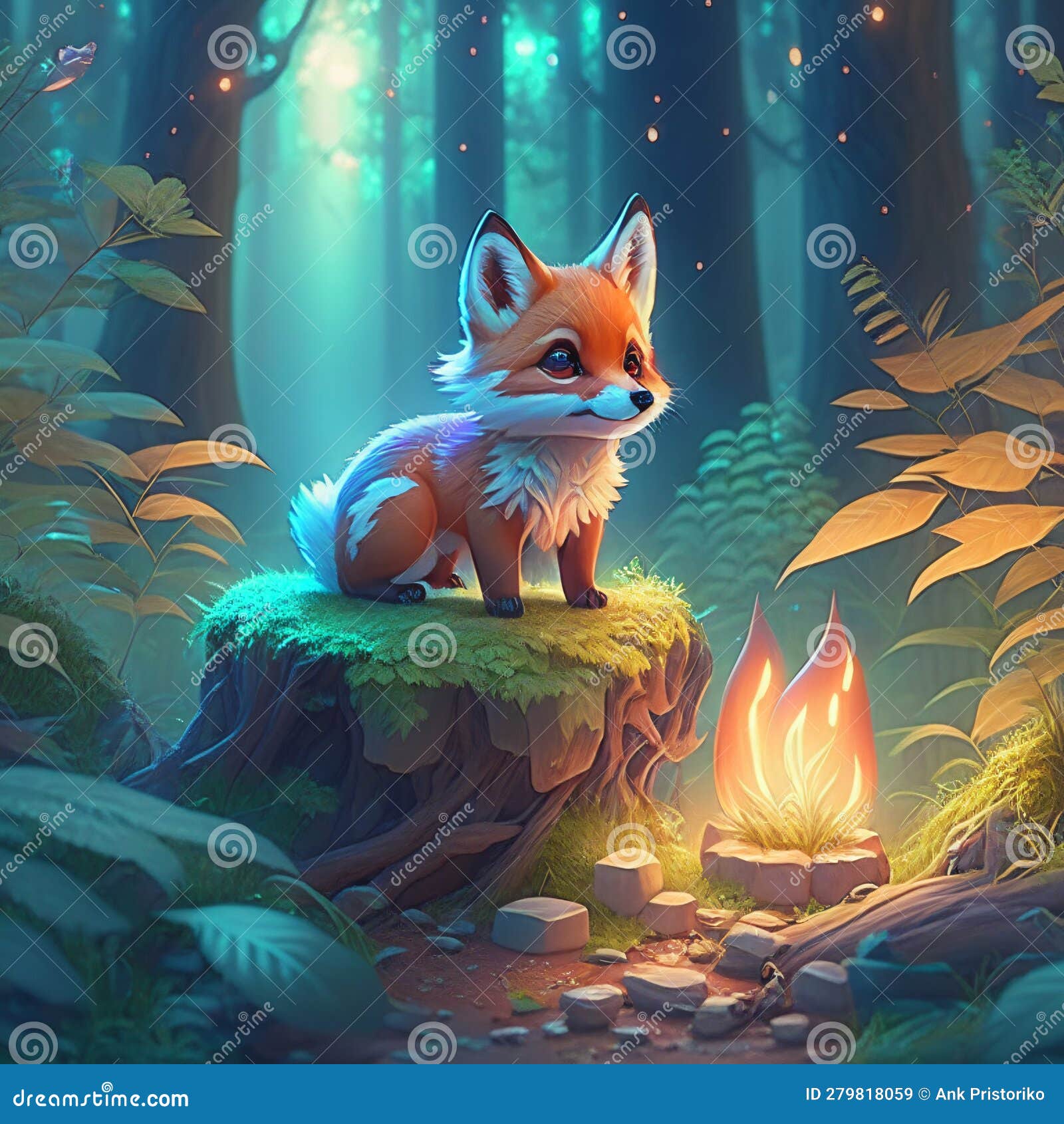 A Fox On Log Illuminated By Fireflies, Surrounded By Lush Forest With ...