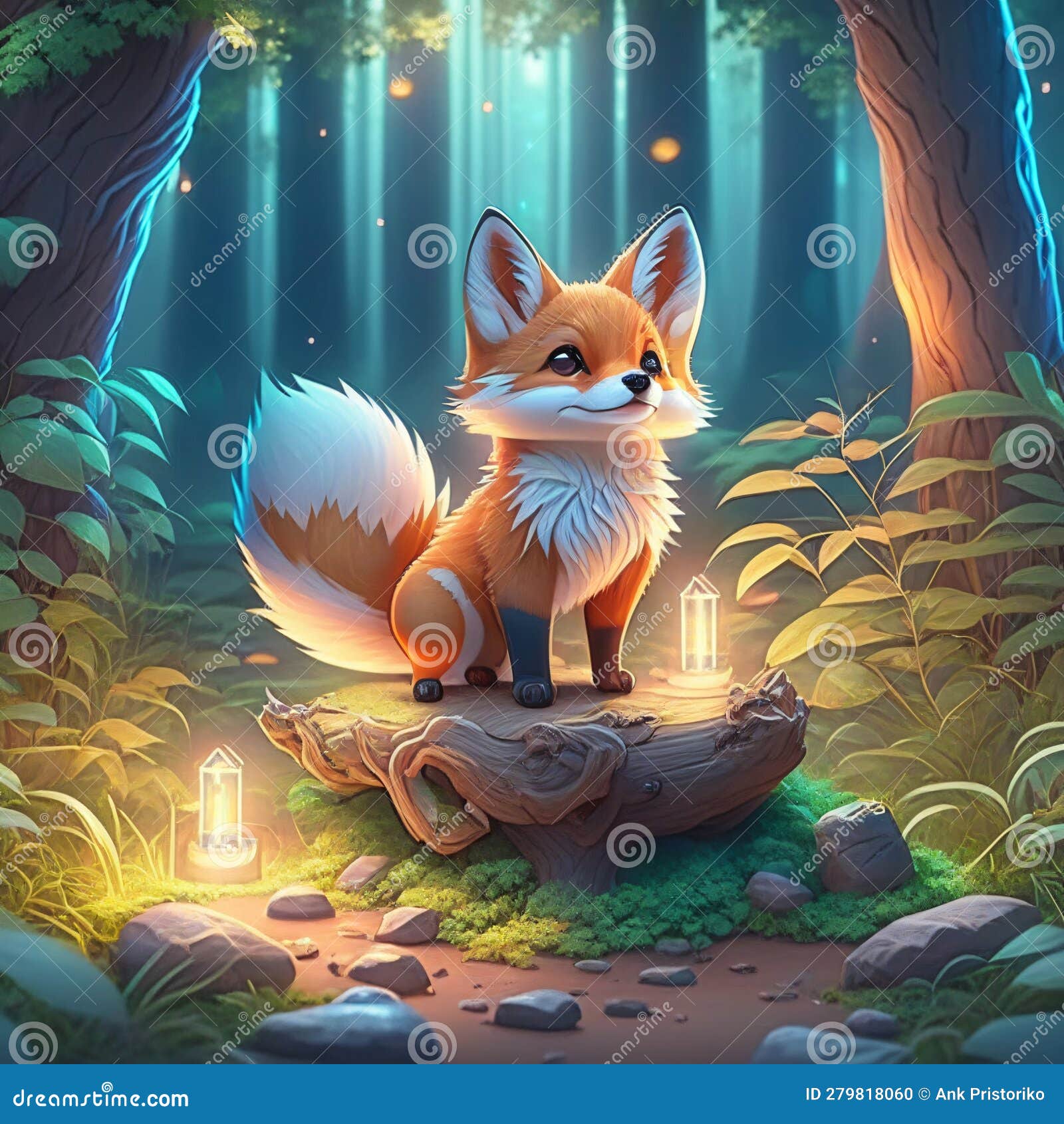 A Fox On Log Illuminated By Fireflies, Surrounded By Lush Forest With ...