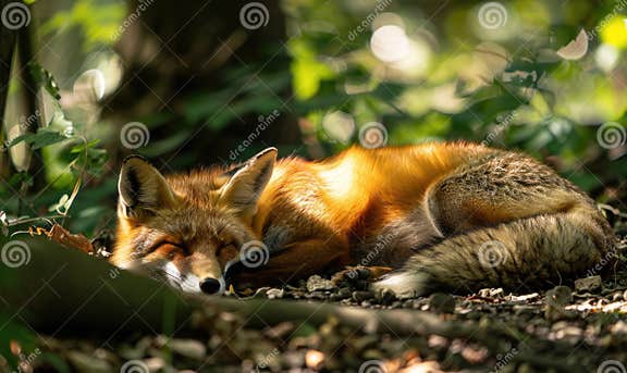 Fox Lying in the Shade, Dappled Sunlight Stock Image - Image of cute ...