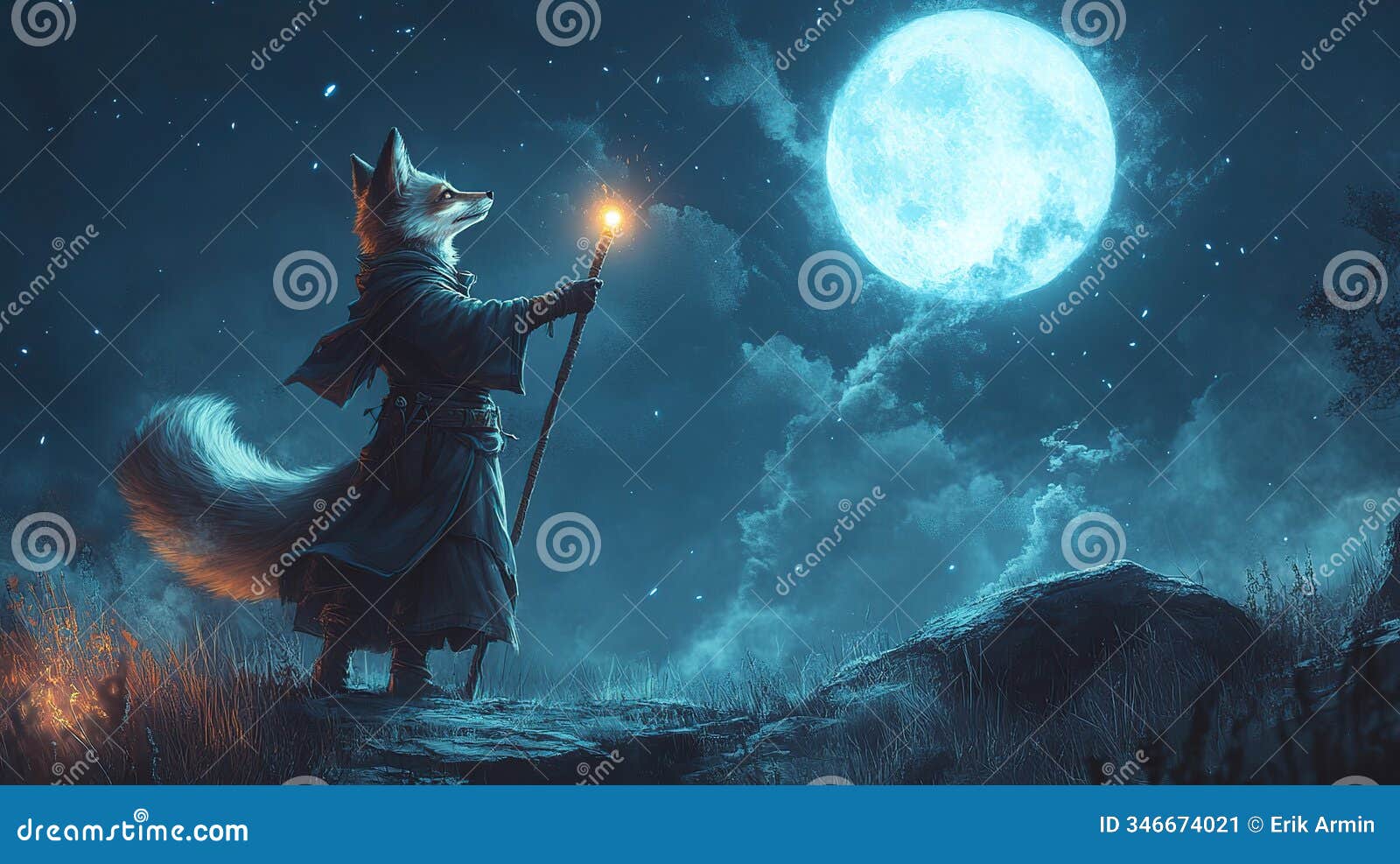 Fox Mage Gazing at a Large Moon Holding a Glowing Staff Stock ...