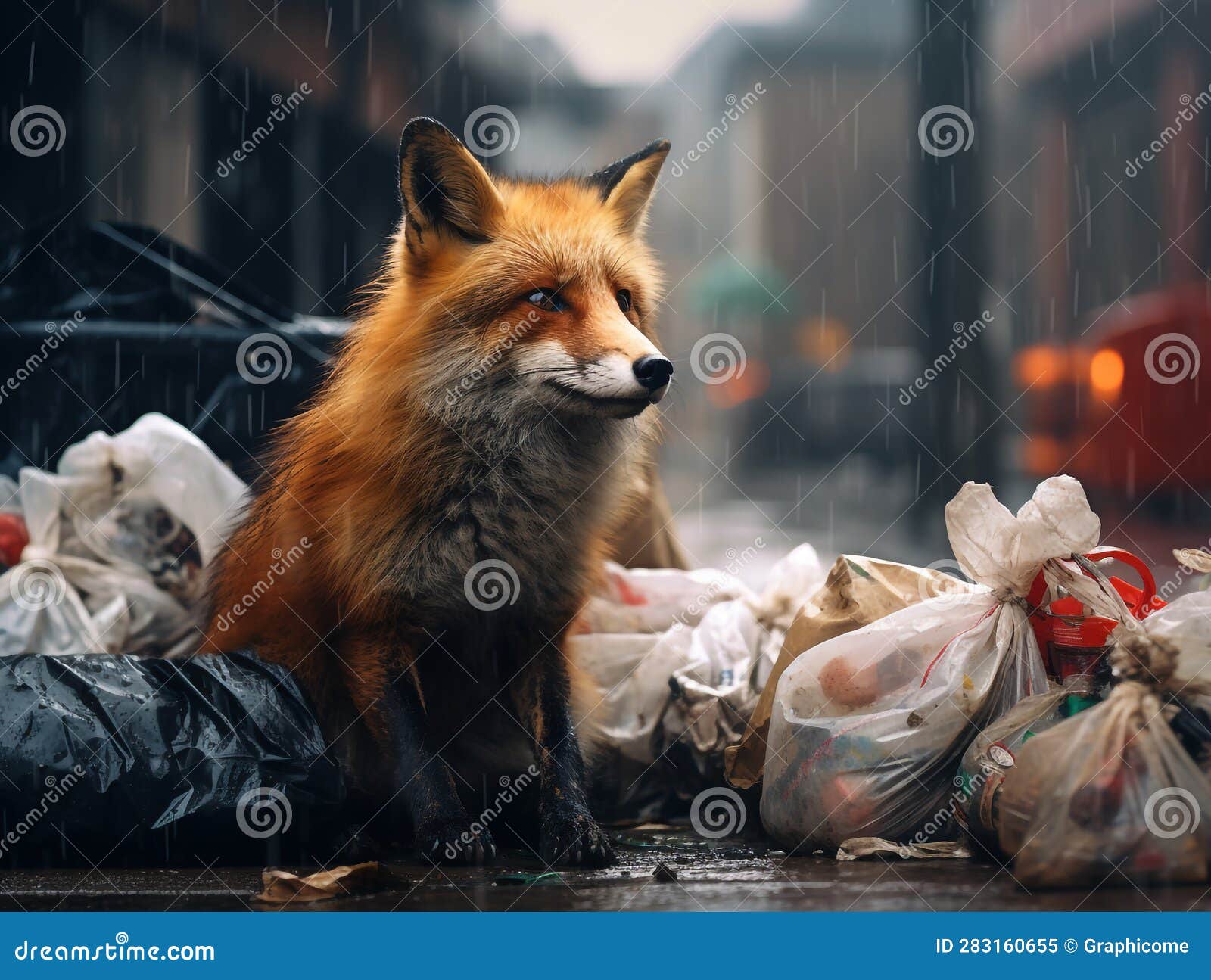 A Fox in the Middle of the Forest Who is Surrounded by Plastic Bags ...