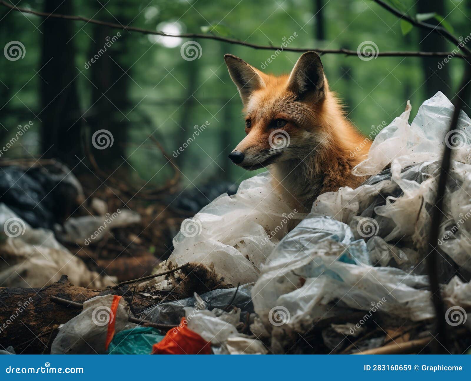 A Fox in the Middle of the Forest Who is Surrounded by Plastic Bags ...