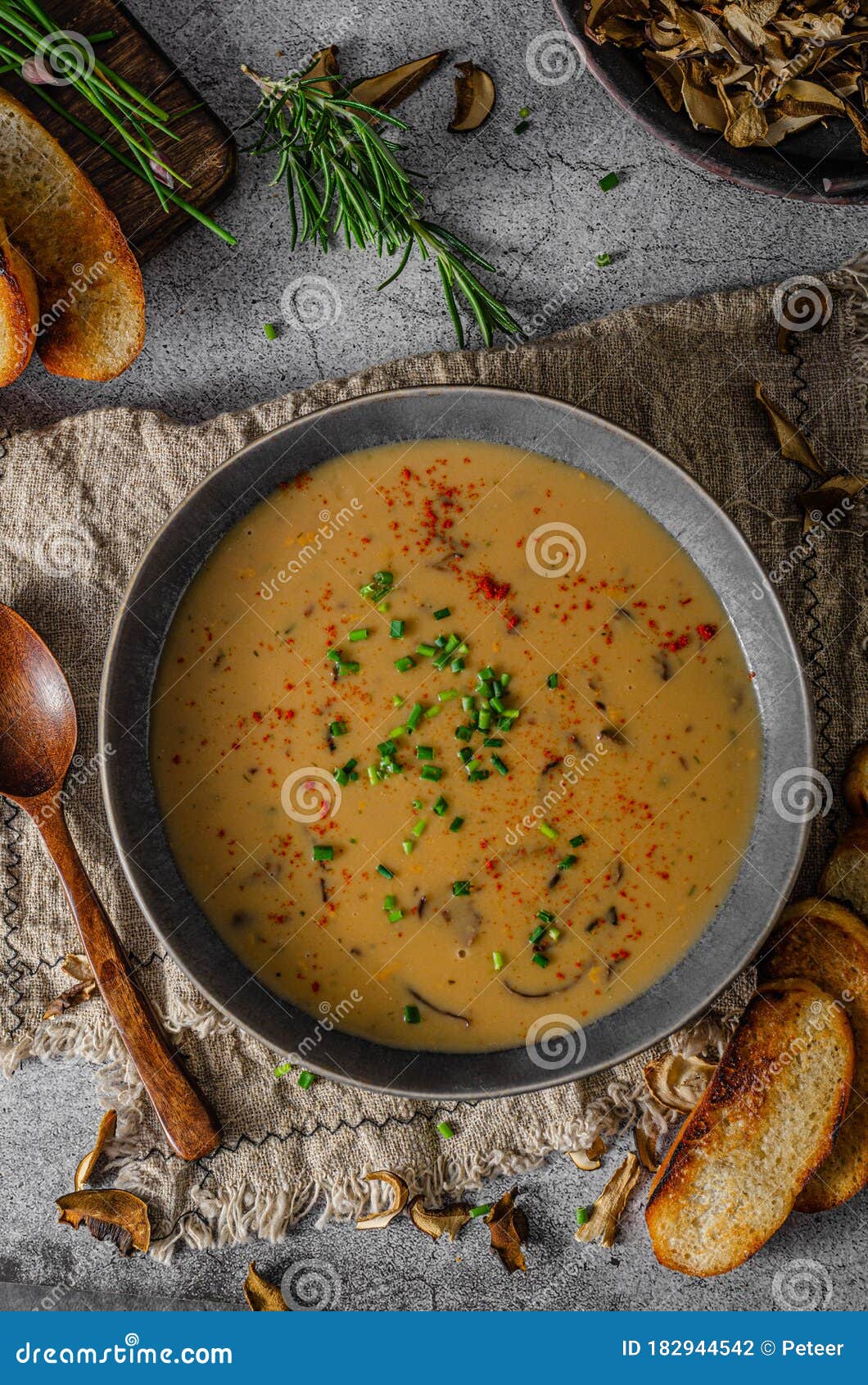 Fox mushrooms soup stock photo. Image of delicious, bread - 182944542