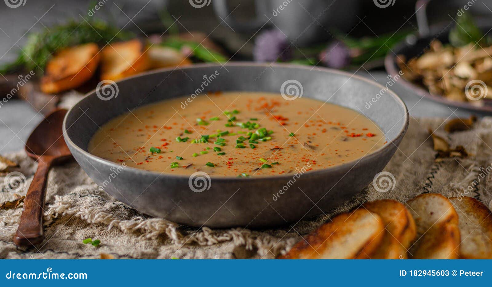 Fox mushrooms soup stock image. Image of dinner, pastry - 182945603