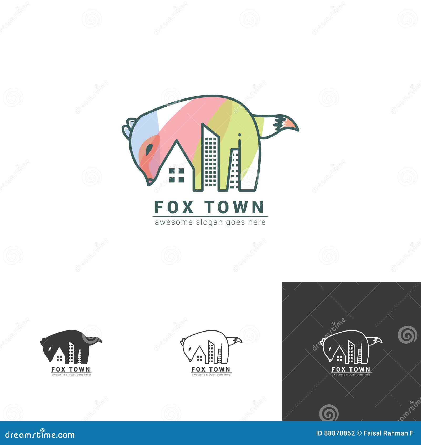 Fox Negative Space Logo with Town or City Landscape Stock Vector ...