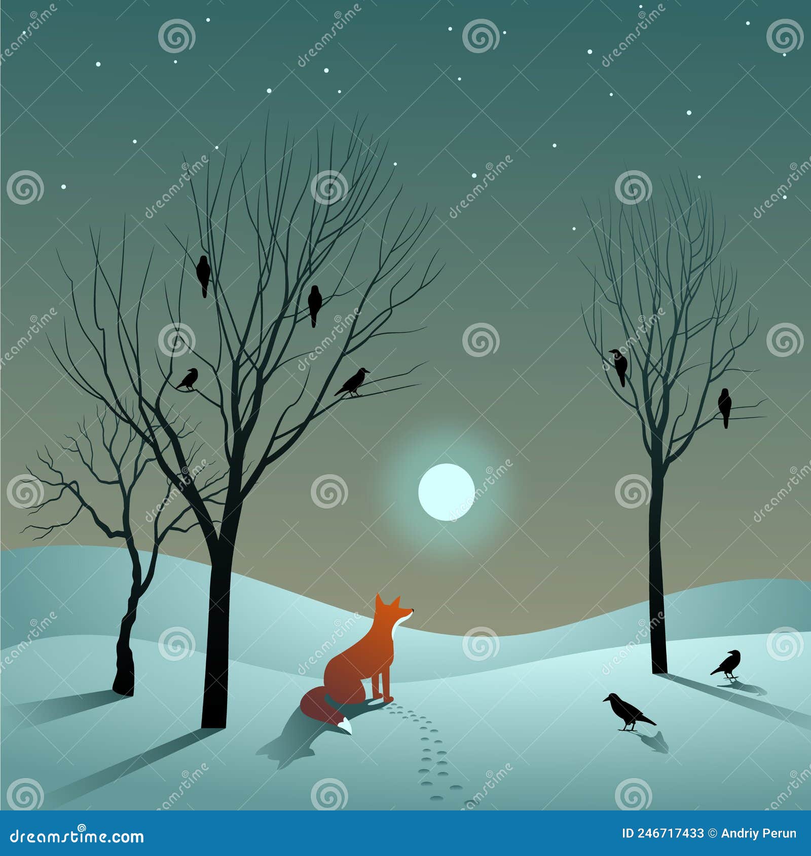 Fox in the Night Winter Forest Stock Vector - Illustration of landscape ...