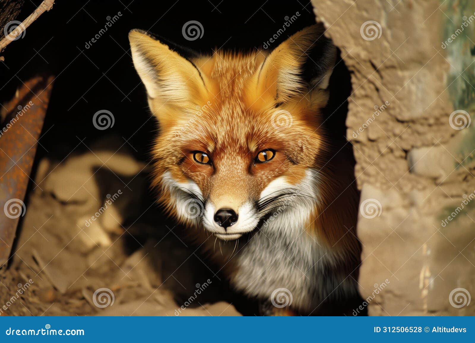 Fox Peeking Out from a Foxhole, Eyes Focused Forward Stock Photo ...