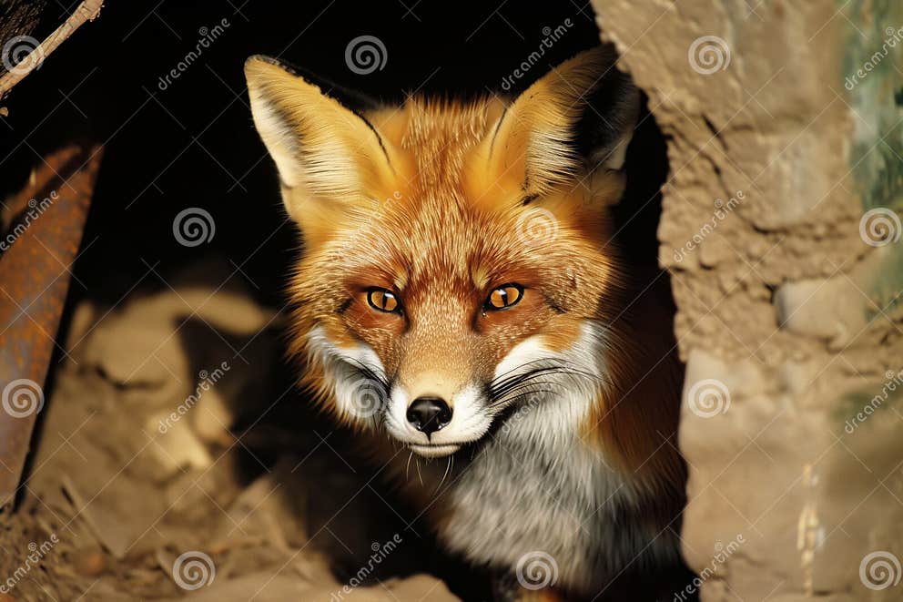 Fox Peeking Out from a Foxhole, Eyes Focused Forward Stock Photo ...