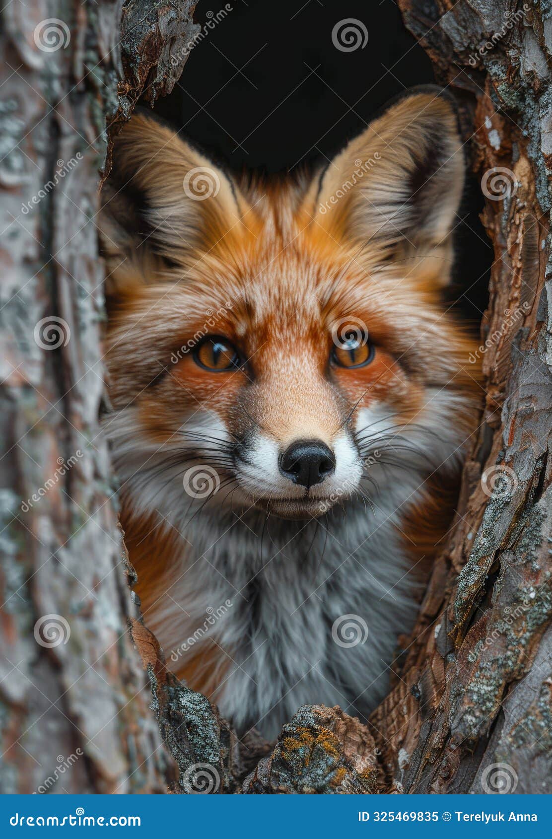 A Fox is Peeking Out from a Tree Hole. the Fox Has a Bright Orange Face ...