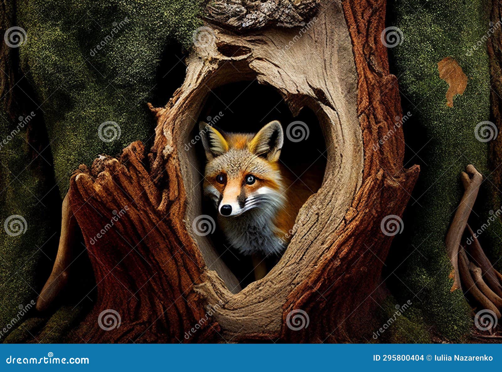 The Fox Peeks Out of the Hollow Tree. AI Generated Stock Photo - Image ...
