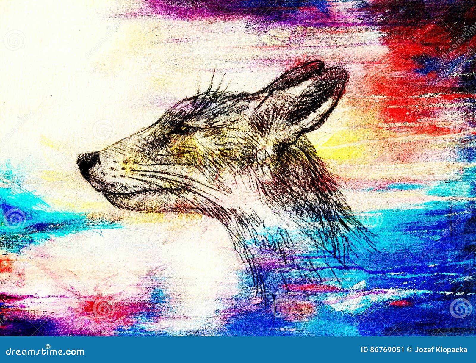Fox Portrait, Pencil Drawing on Paper and Color Effect. Stock ...