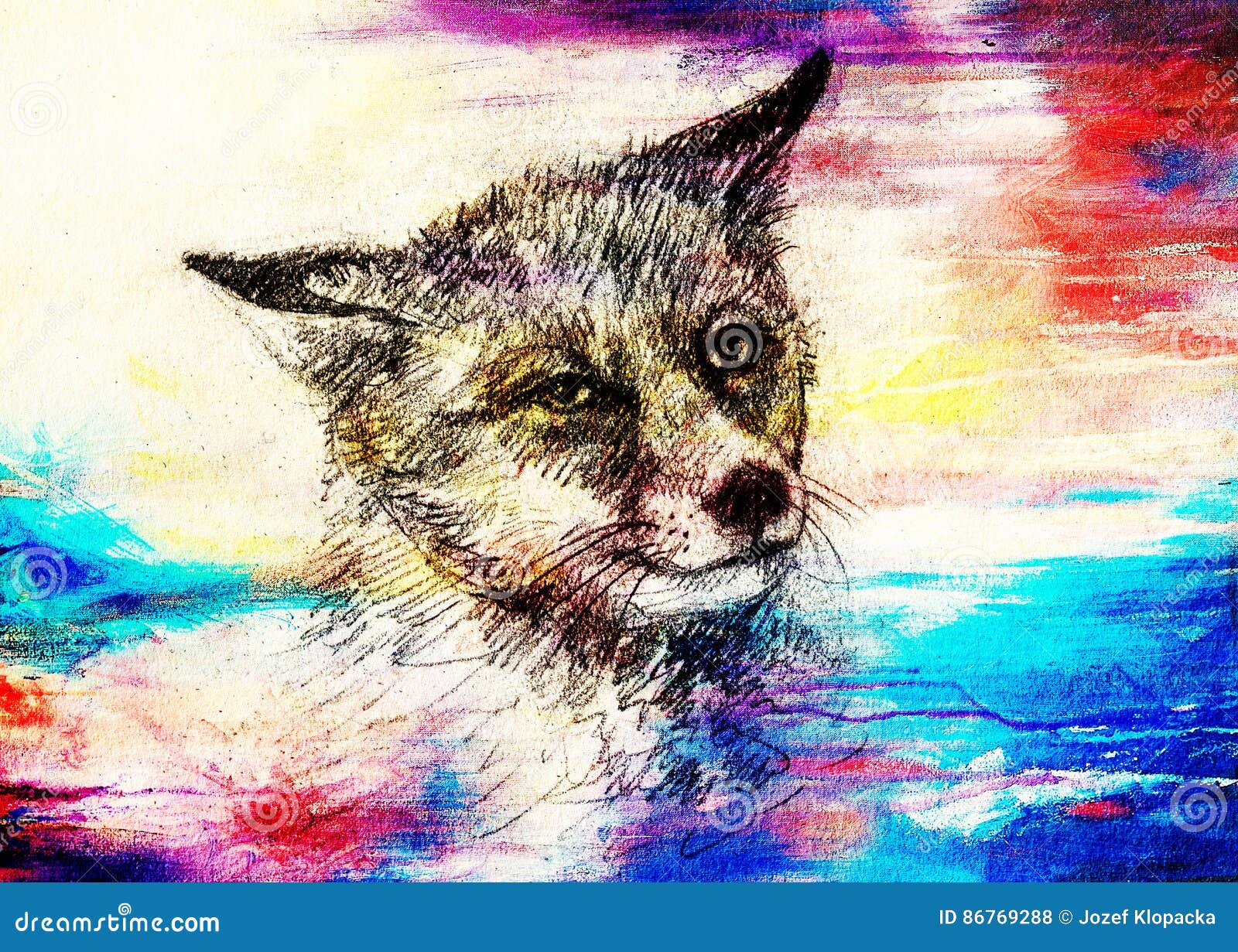 Fox Portrait, Pencil Drawing on Paper and Color Effect. Stock ...